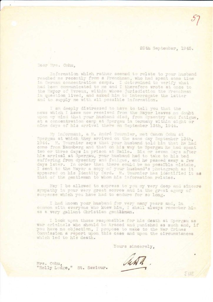 Letter from Bailiff to Harriet Cohu, 25 Sept 1945, copyright Jersey ...