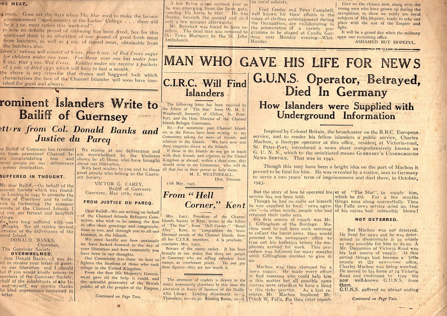 Death of Charles Machon announced in The Guernsey Star, 17 May 1945 (a ...